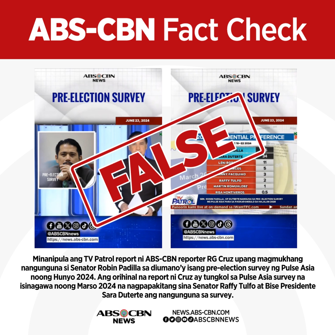 FACT CHECK: ‘Di totoo ang TV Patrol report tungkol sa pre-election survey ng Pulse Asia | ABS ...