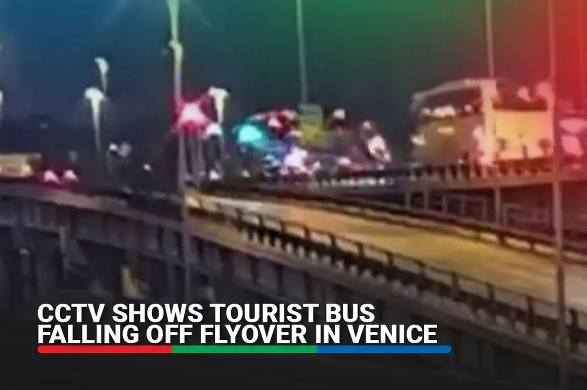 CCTV shows tourist bus falling off flyover in Venice | ABS-CBN