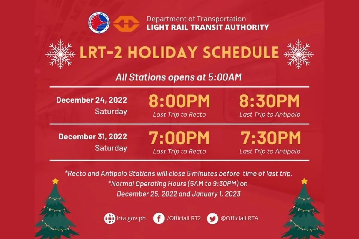 LRT-2 magpapatupad ng pinaikling operating hours sa Dec. 24 at 31, 2022 ...